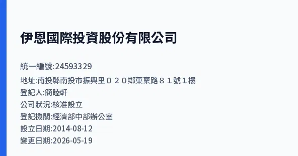伊恩國際投資股份有限公司的照片-統編 24593329(南投縣) 公司登記資料與營業項目詳細圖表