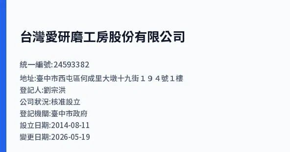 台灣愛研磨工房股份有限公司的照片-統編 24593382(臺中市) 公司登記資料與營業項目詳細圖表