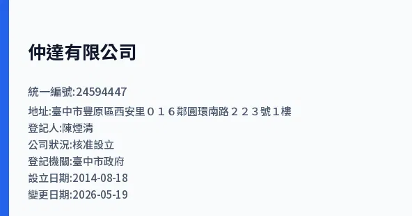 仲達有限公司的照片-統編 24594447(臺中市) 公司登記資料與營業項目詳細圖表