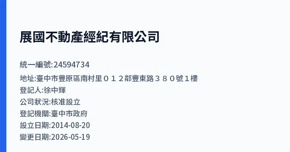 展國不動產經紀有限公司的照片-統編 24594734(臺中市) 公司登記資料與營業項目詳細圖表