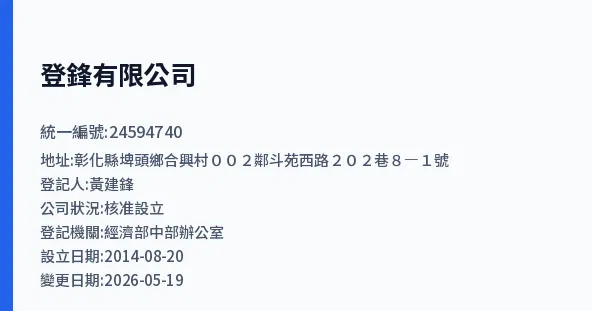 登鋒有限公司的照片-統編 24594740(彰化縣) 公司登記資料與營業項目詳細圖表