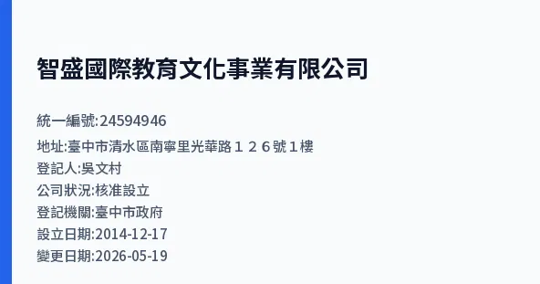 智盛國際教育文化事業有限公司的照片-統編 24594946(臺中市) 公司登記資料與營業項目詳細圖表