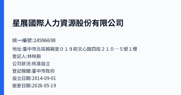 星展國際人力資源股份有限公司的照片-統編 24596698(臺中市) 公司登記資料與營業項目詳細圖表
