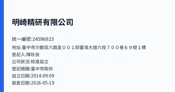 明崎精研有限公司的照片-統編 24596923(臺中市) 公司登記資料與營業項目詳細圖表