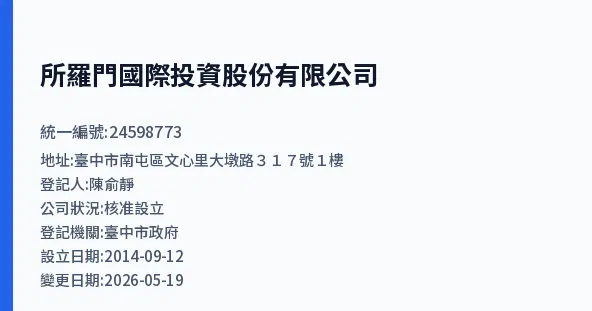 所羅門國際投資股份有限公司的照片-統編 24598773(臺中市) 公司登記資料與營業項目詳細圖表