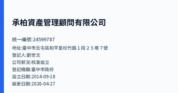 承柏資產管理顧問有限公司的照片-統編 24599787(臺中市) 公司登記資料與營業項目詳細圖表