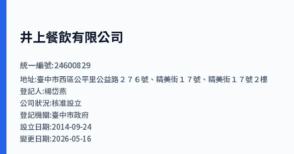 井上餐飲有限公司的照片-統編 24600829(臺中市) 公司登記資料與營業項目詳細圖表