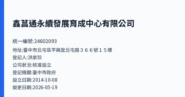 鑫菖通永續發展育成中心有限公司的照片-統編 24602093(臺中市) 公司登記資料與營業項目詳細圖表