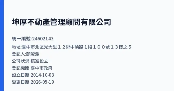 坤厚不動產管理顧問有限公司的照片-統編 24602143(臺中市) 公司登記資料與營業項目詳細圖表