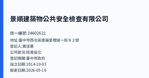 景順建築物公共安全檢查有限公司的照片-統編 24602621(臺中市) 公司登記資料與營業項目詳細圖表