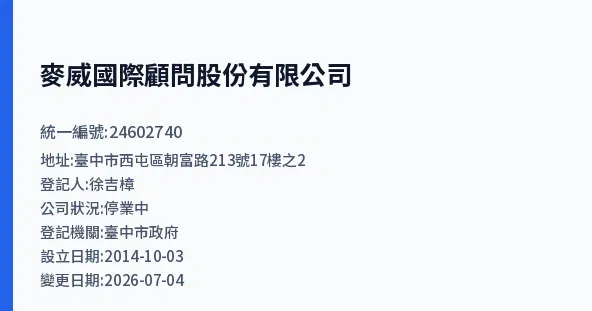 麥威國際顧問股份有限公司的照片-統編 24602740(臺中市) 公司登記資料與營業項目詳細圖表