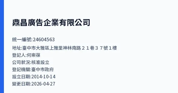 鼎昌廣告企業有限公司的照片-統編 24604563(臺中市) 公司登記資料與營業項目詳細圖表