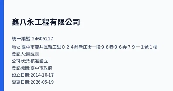 鑫八永工程有限公司的照片-統編 24605227(臺中市) 公司登記資料與營業項目詳細圖表