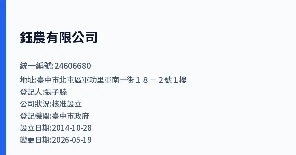 鈺農有限公司的照片-統編 24606680(臺中市) 公司登記資料與營業項目詳細圖表