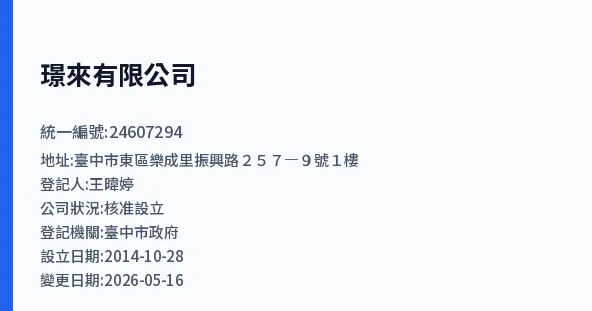 璟來有限公司的照片-統編 24607294(臺中市) 公司登記資料與營業項目詳細圖表