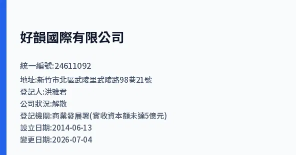 好韻國際有限公司的照片-統編 24611092(新竹市) 公司登記資料與營業項目詳細圖表
