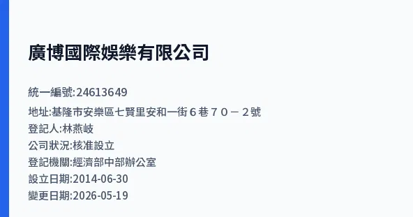 廣博國際娛樂有限公司的照片-統編 24613649(基隆市) 公司登記資料與營業項目詳細圖表