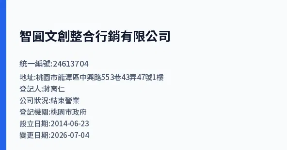 智圓文創整合行銷有限公司的照片-統編 24613704(桃園市) 公司登記資料與營業項目詳細圖表