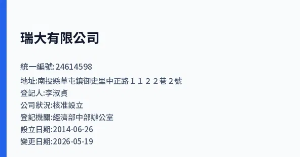 瑞大有限公司的照片-統編 24614598(南投縣) 公司登記資料與營業項目詳細圖表