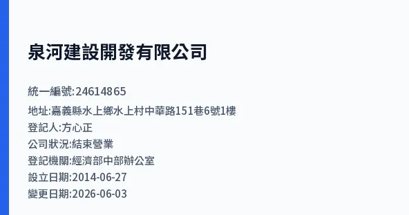 泉河建設開發有限公司的照片-統編 24614865(嘉義縣) 公司登記資料與營業項目詳細圖表