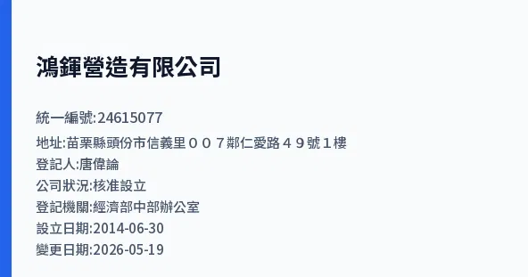 鴻鍕營造有限公司的照片-統編 24615077(苗栗縣) 公司登記資料與營業項目詳細圖表