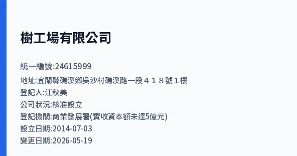 樹工場有限公司的照片-統編 24615999(宜蘭縣) 公司登記資料與營業項目詳細圖表