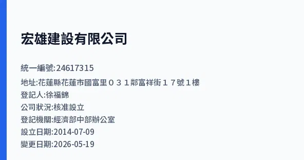 宏雄建設有限公司的照片-統編 24617315(花蓮縣) 公司登記資料與營業項目詳細圖表