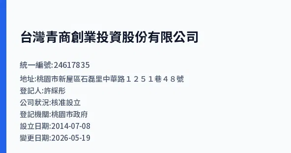 台灣青商創業投資股份有限公司的照片-統編 24617835(桃園市) 公司登記資料與營業項目詳細圖表