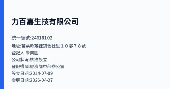 力百嘉生技有限公司的照片-統編 24618102(苗栗縣) 公司登記資料與營業項目詳細圖表
