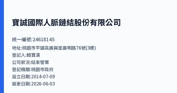 寶誠國際人脈鏈結股份有限公司的照片-統編 24618145(桃園市) 公司登記資料與營業項目詳細圖表