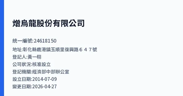 熷烏龍股份有限公司的照片-統編 24618150(彰化縣) 公司登記資料與營業項目詳細圖表