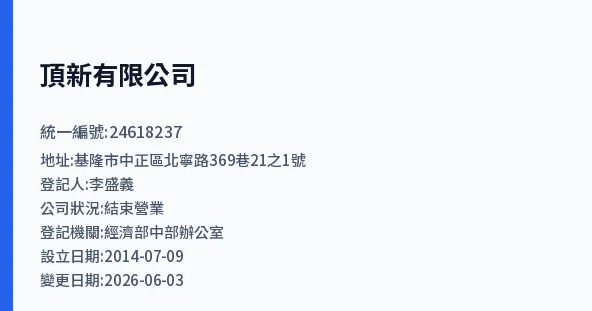 頂新有限公司的照片-統編 24618237(基隆市) 公司登記資料與營業項目詳細圖表
