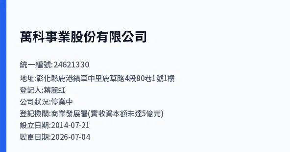 萬科事業股份有限公司的照片-統編 24621330(彰化縣) 公司登記資料與營業項目詳細圖表