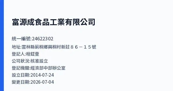 富源成食品工業有限公司的照片-統編 24622302(雲林縣) 公司登記資料與營業項目詳細圖表