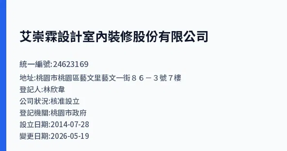 艾崇霖設計室內裝修股份有限公司的照片-統編 24623169(桃園市) 公司登記資料與營業項目詳細圖表