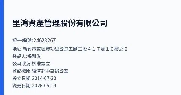 里鴻資產管理股份有限公司的照片-統編 24623267(新竹市) 公司登記資料與營業項目詳細圖表