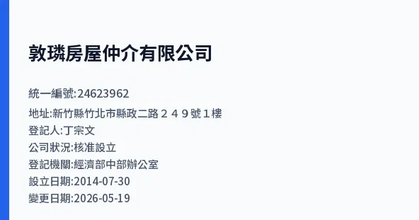 敦璘房屋仲介有限公司的照片-統編 24623962(新竹縣) 公司登記資料與營業項目詳細圖表
