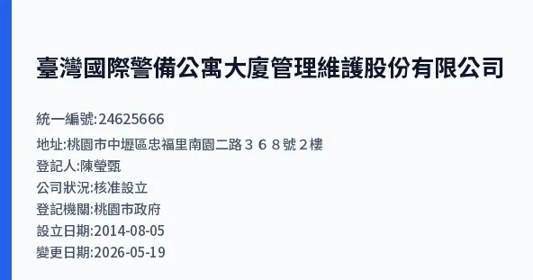臺灣國際警備公寓大廈管理維護股份有限公司的照片-統編 24625666(桃園市) 公司登記資料與營業項目詳細圖表