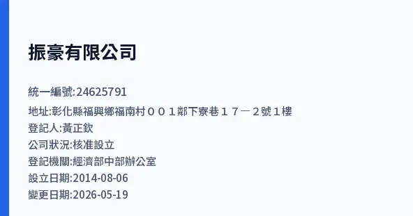 振豪有限公司的照片-統編 24625791(彰化縣) 公司登記資料與營業項目詳細圖表