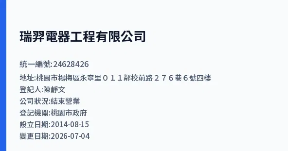 瑞羿電器工程有限公司的照片-統編 24628426(桃園市) 公司登記資料與營業項目詳細圖表