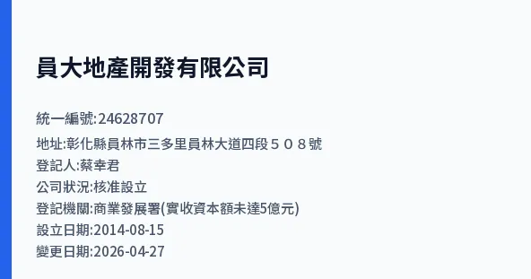 員大地產開發有限公司的照片-統編 24628707(彰化縣) 公司登記資料與營業項目詳細圖表