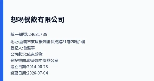 想喝餐飲有限公司的照片-統編 24631739(嘉義市) 公司登記資料與營業項目詳細圖表