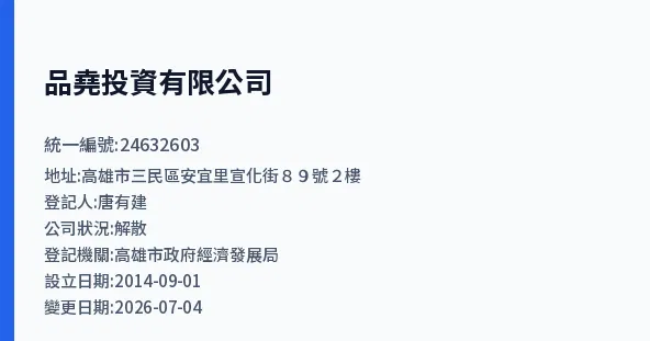 品堯投資有限公司的照片-統編 24632603(高雄市) 公司登記資料與營業項目詳細圖表
