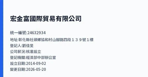 宏金富國際貿易有限公司的照片-統編 24632934(彰化縣) 公司登記資料與營業項目詳細圖表