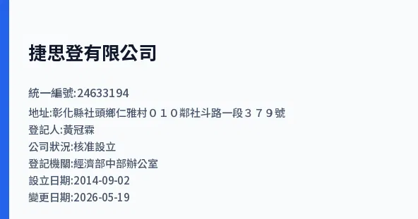 捷思登有限公司的照片-統編 24633194(彰化縣) 公司登記資料與營業項目詳細圖表
