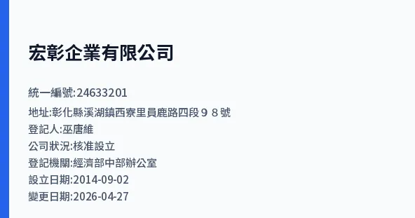 宏彰企業有限公司的照片-統編 24633201(彰化縣) 公司登記資料與營業項目詳細圖表