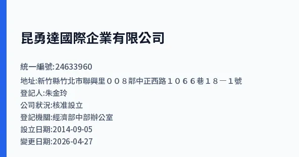昆勇達國際企業有限公司的照片-統編 24633960(新竹縣) 公司登記資料與營業項目詳細圖表