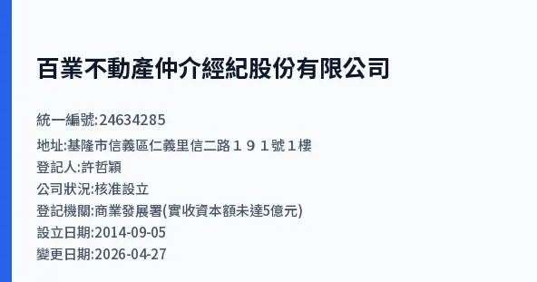 百業不動產仲介經紀股份有限公司的照片-統編 24634285(基隆市) 公司登記資料與營業項目詳細圖表