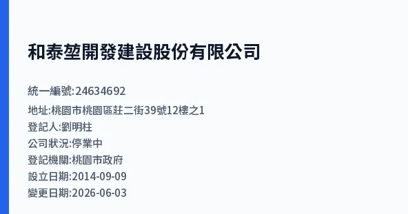 和泰堃開發建設股份有限公司的照片-統編 24634692(桃園市) 公司登記資料與營業項目詳細圖表