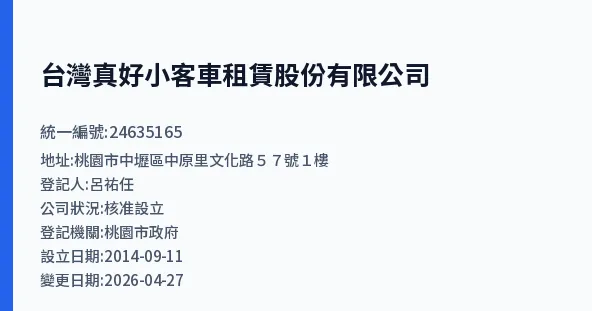 台灣真好小客車租賃股份有限公司的照片-統編 24635165(桃園市) 公司登記資料與營業項目詳細圖表